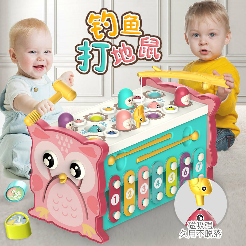 Детская головоломка для раннего развития: сова, рыбалка, хомяк, веселая игра, стук по пианино, многофункциональный интерактивный шестигранник, большой шестигранник [зеленый-английский]