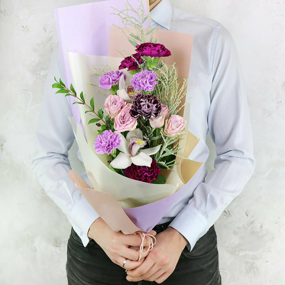 Букет Букет Маркет "Ассорти", гвоздики, орхидеи, розы, мимоза, 55см