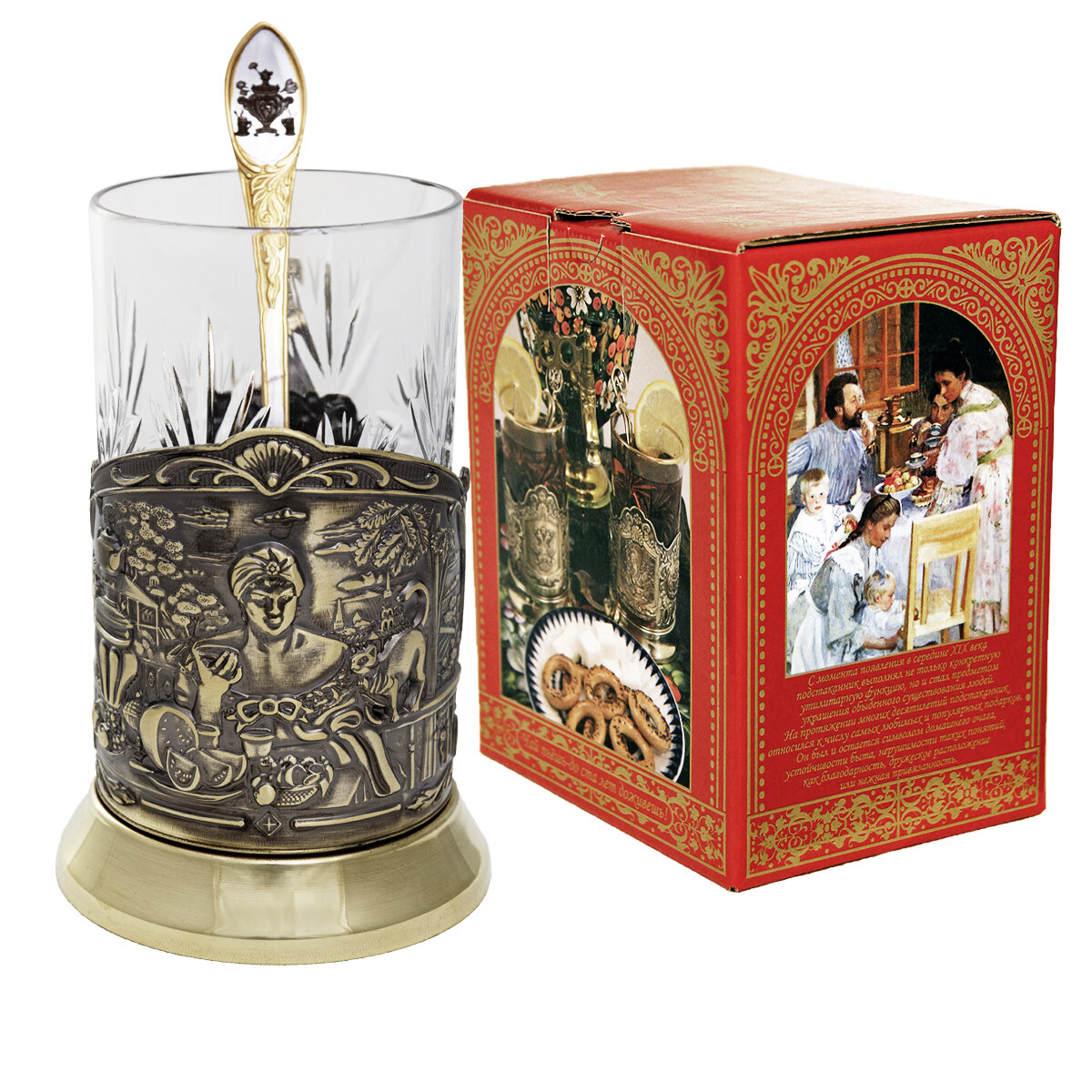 Набор для чая "Купчиха" карт. коробка, хруст. стакан, латунь, штамп, ложка-нерж. гравировка ПД-377/1ШК-л