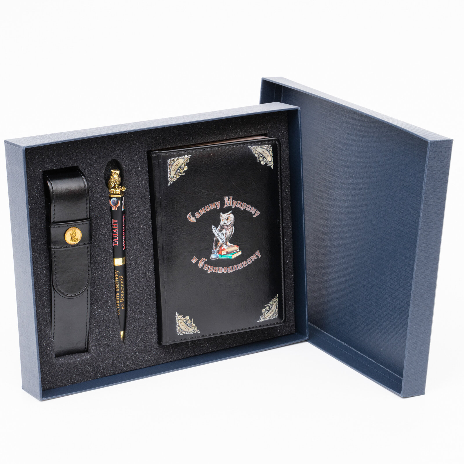 Ручка «Сова» с блокнотом и чехлом в футляре, черная РБЧ-01Ч-сова