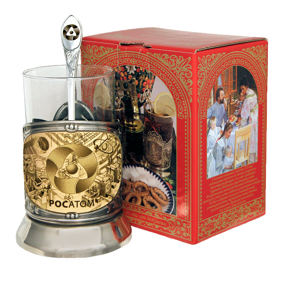 Набор д/чая "Атомная энергия" (3 пр.) - картон. коробка, стекл. стакан, латунь никелированная, гравировка, ложка - нерж. грав. ПД-513/1КС