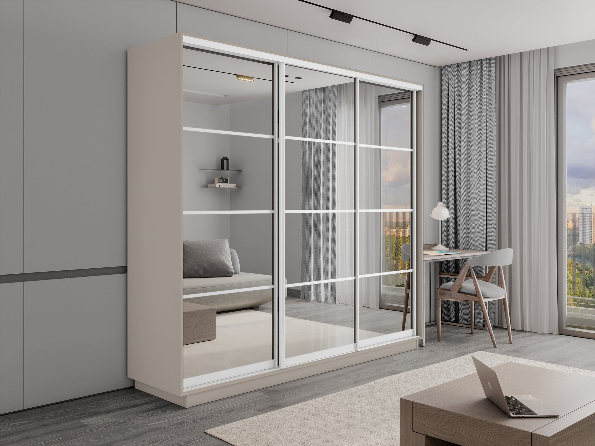 Шкаф-купе Вилли С4 3-х дверный, зеркальные двери, (белый профиль) 180х60х220 см. Кашемир