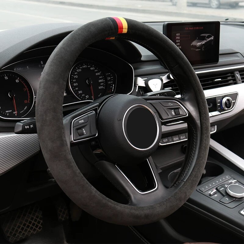 Накладка на рулевое колесо из Alcantara, угольно-черный, ручная вышивка, все сезоны, противоскользящая для немецкого