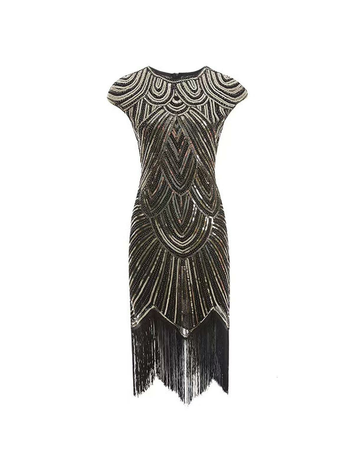 Блестящее платье с бахромой, бисером и пайетками, Золото - M