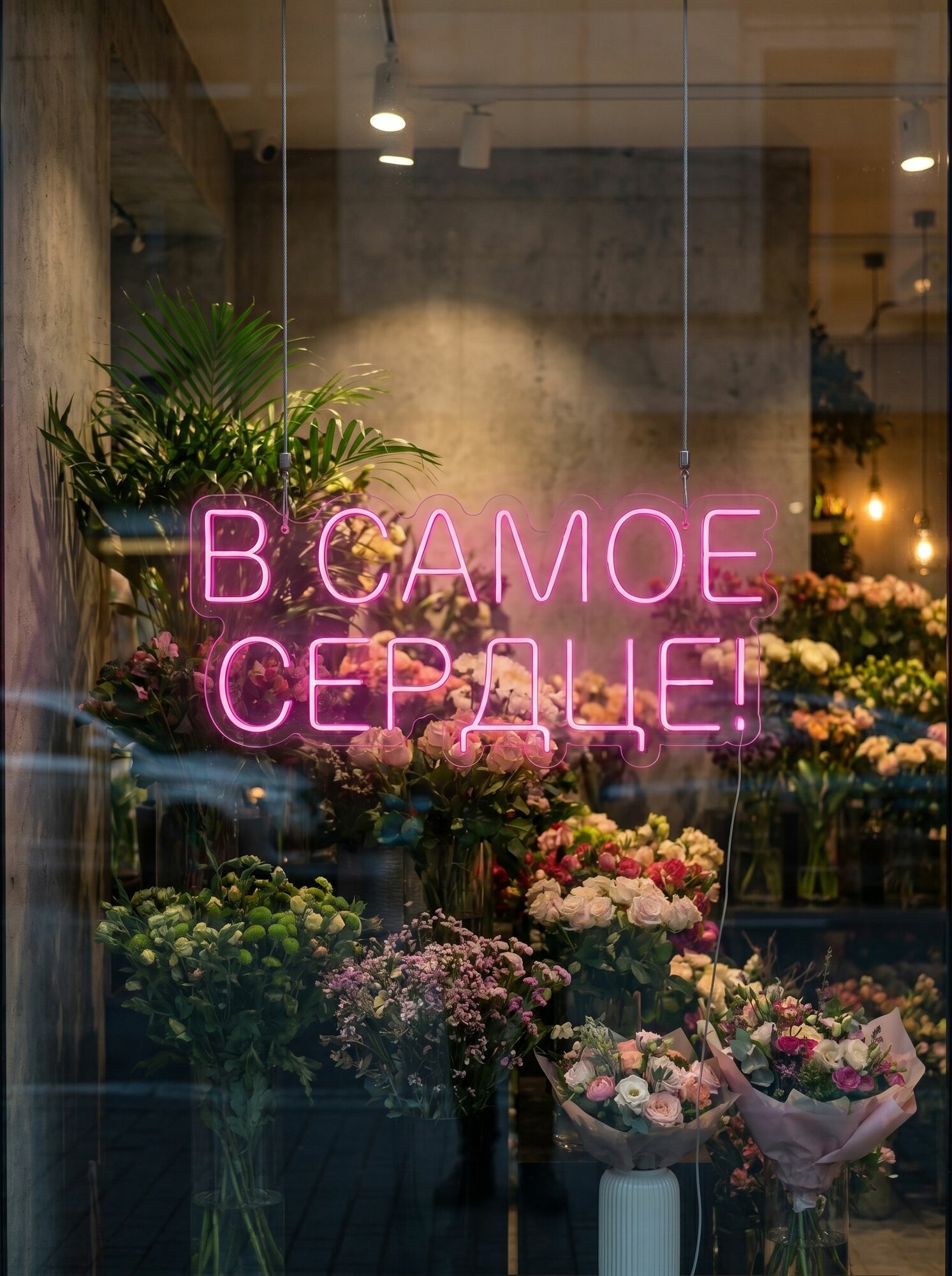 Неоновая вывеска "В самое сердце" 75х37см, неоновая надпись, LED светильник для цветочного магазина