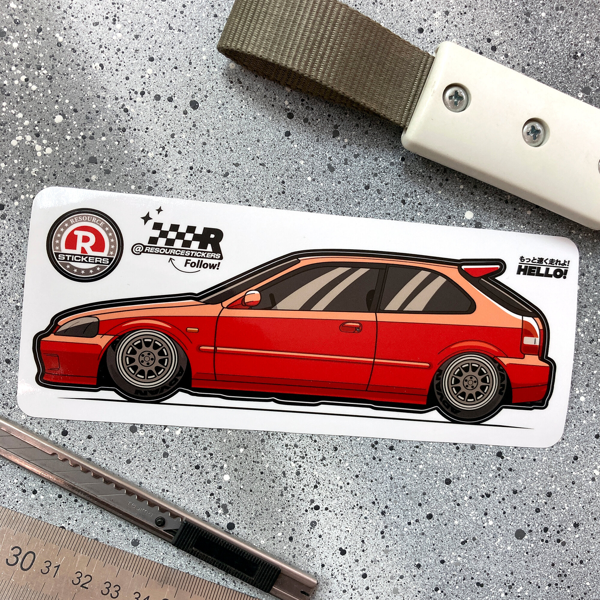 Виниловая наклейка машинка Honda Civic 6, красный, 17,3х5,5