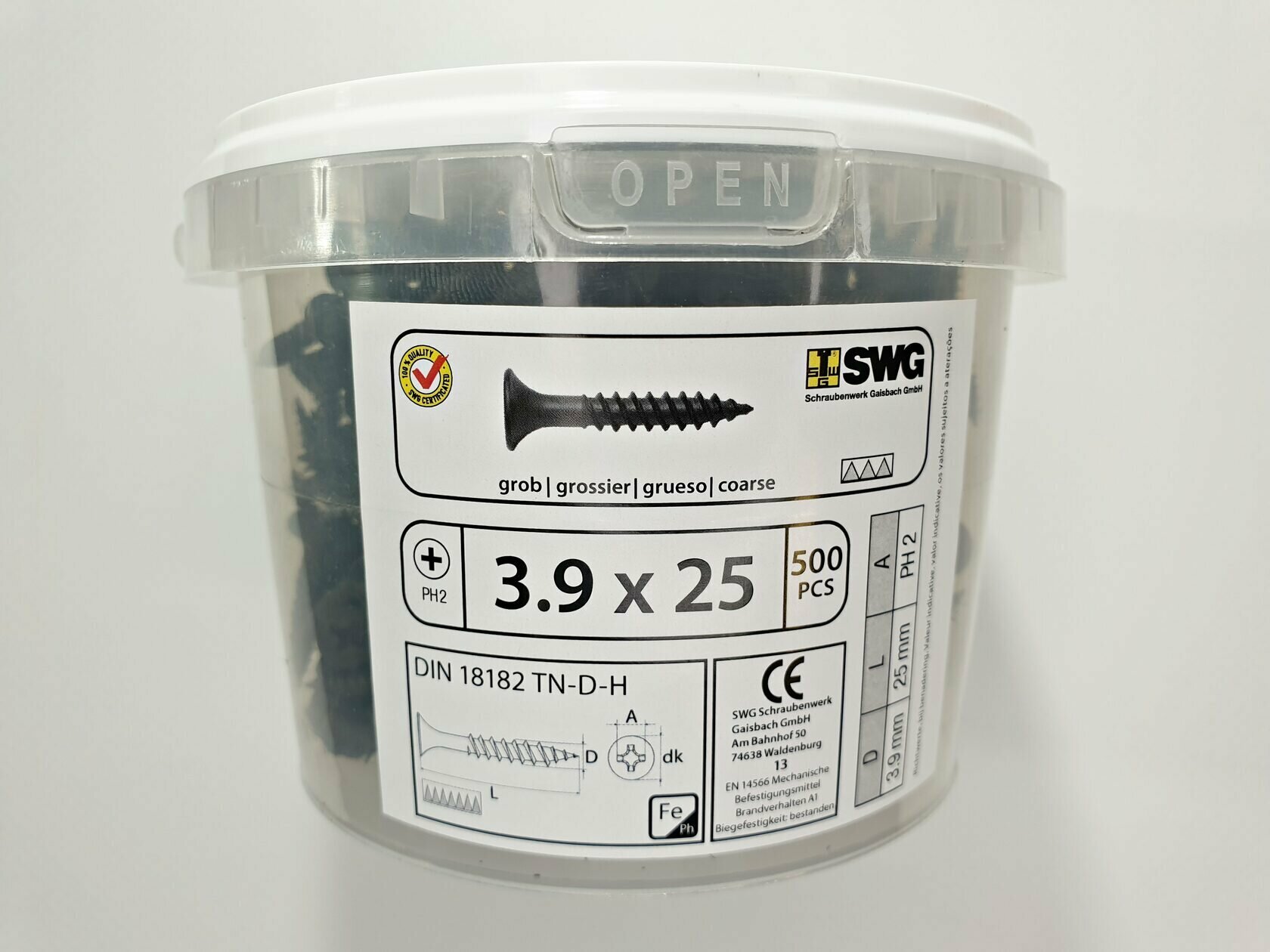 Саморез по гипсокартону DIN 18182 Тип TN-D-H (без бура) 3.9x25 500 pcs SWG, Германия