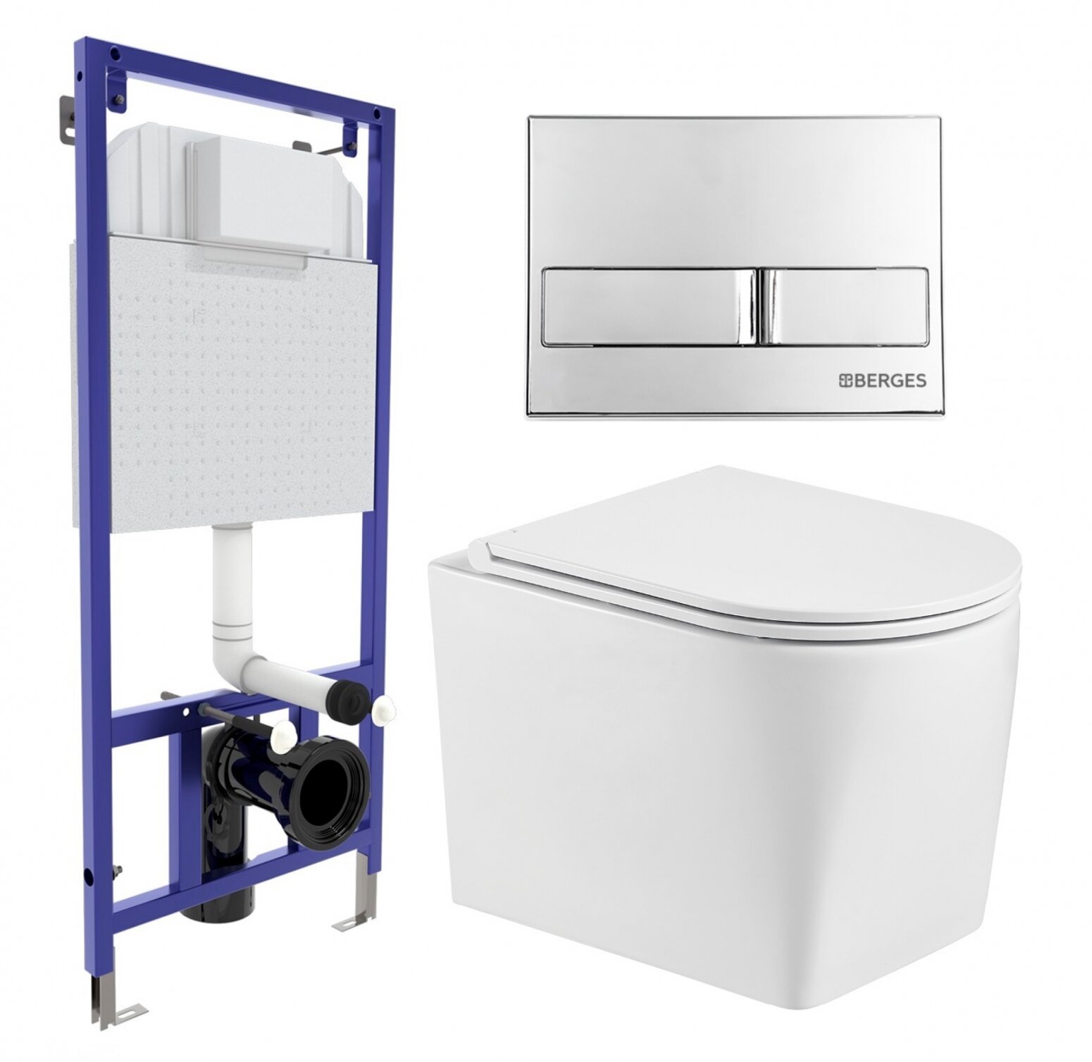 Комплект 3 в 1 инсталляция Berges Wasserhaus Novum L3 + Унитаз подвесной WeltWasser Nesenbach 004 GL-WT + кнопка хром