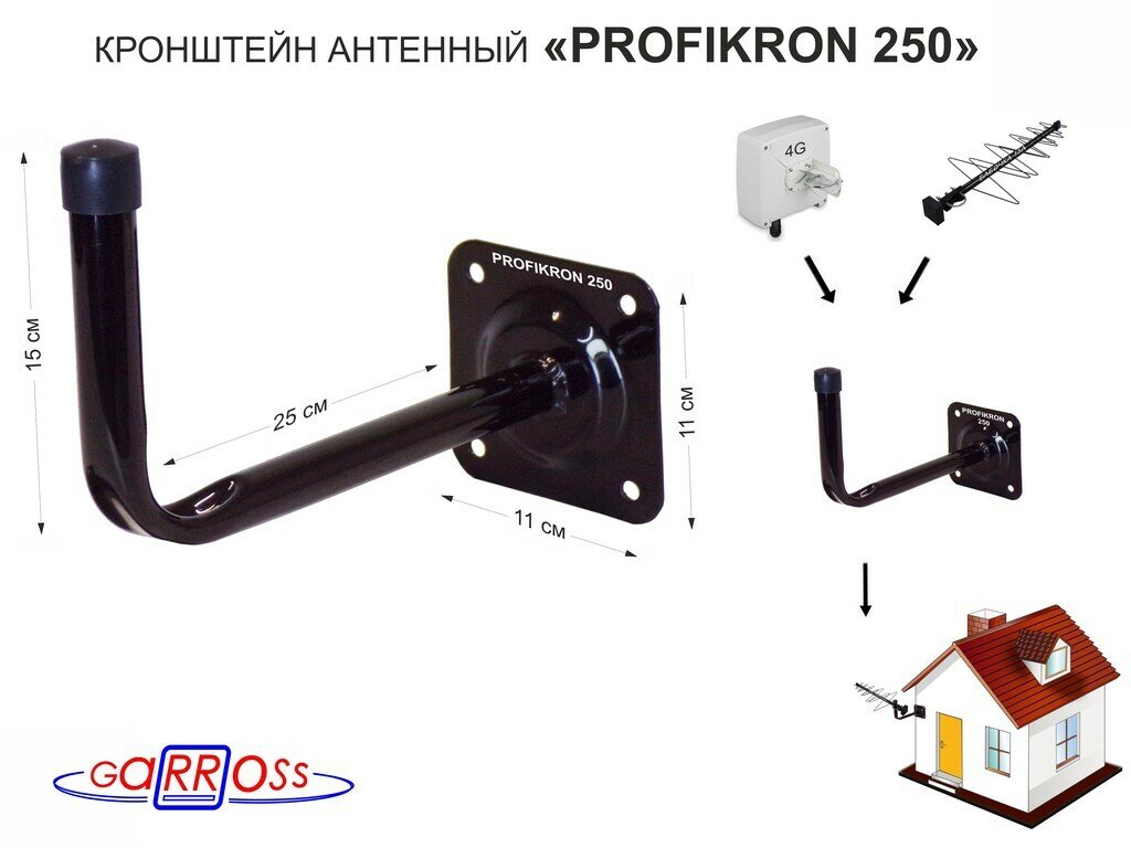 Кронштейн антенный "PROFIKRON 250BL" чёрный; вылет 0,25м, диаметр 22мм, основание 11х11см