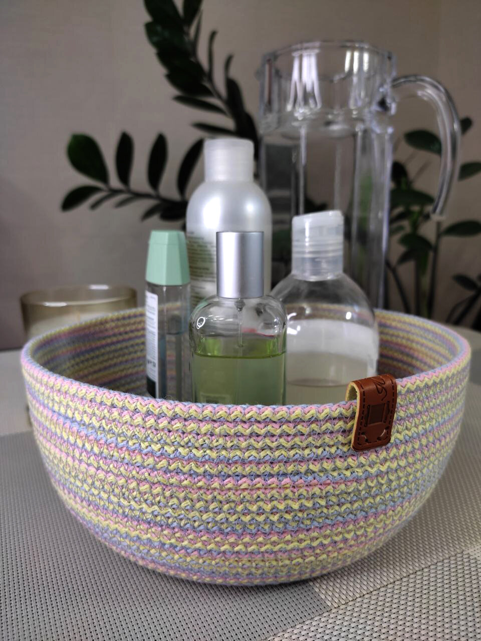 Корзина меланж розовый голубой желтый для хранения из хлопкового шнура