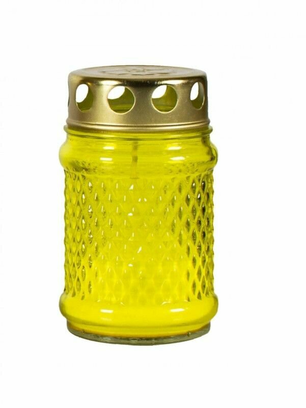 Лампада стеклянная заливная (литая свеча) с крышкой h-11 см D-100 желтая