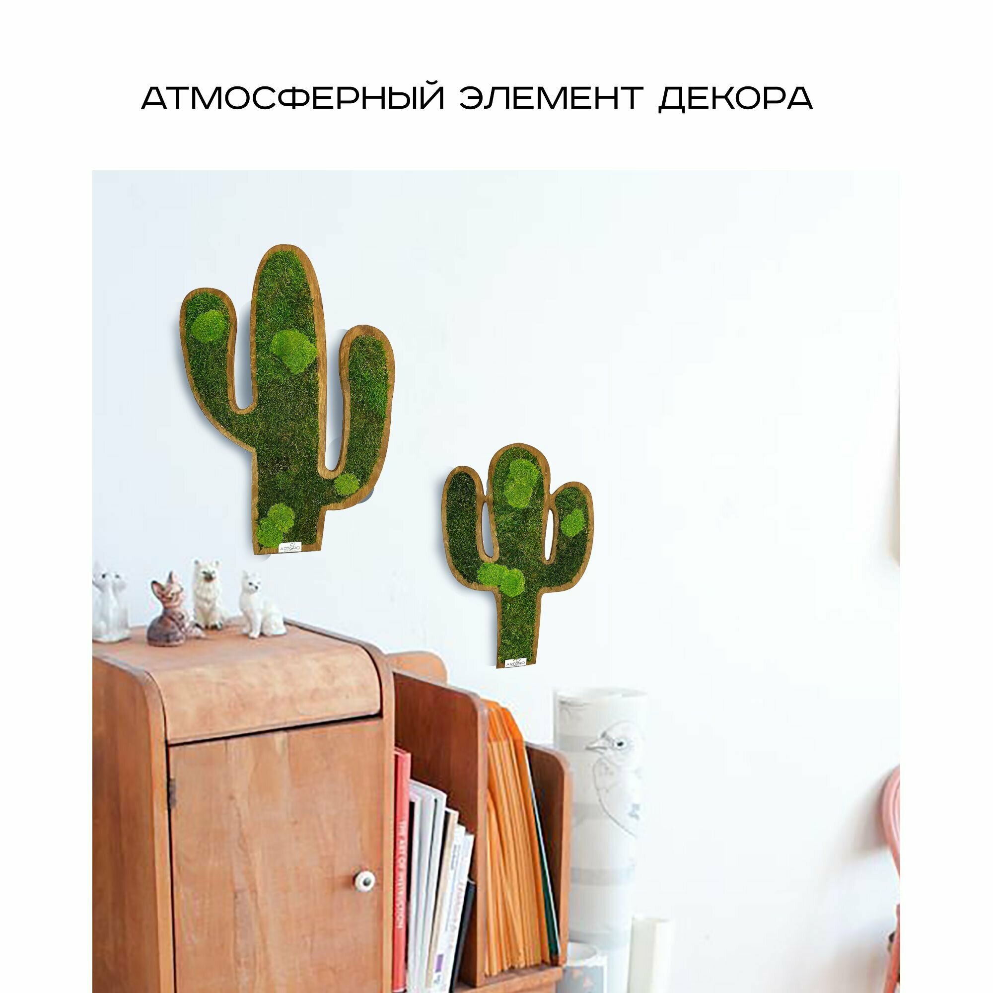 Кактус, панно на стену из мха, стабилизированный мох, подарок, artgro