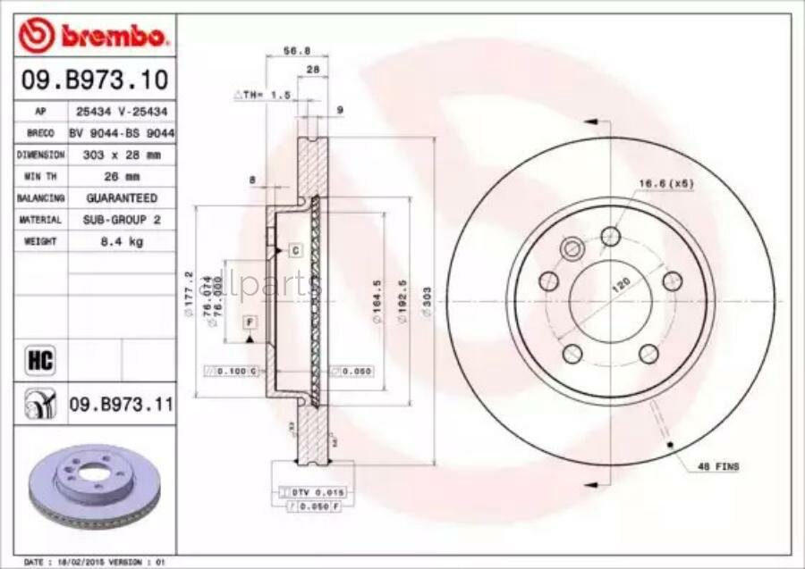 BREMBO 09. B973.11 Диск тормозной передний VW AMAROK 2010-> /VENT D=302MM BREMBO 09. B973.11