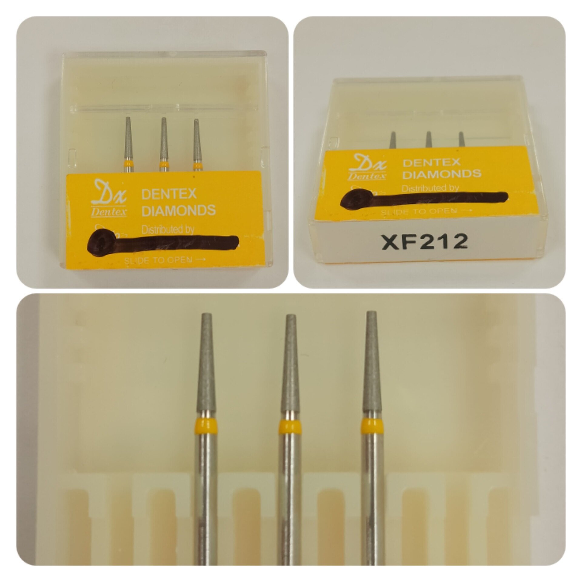 Боры стоматологические алмазные Dentex турбинные конус с плоским концом XF 212 размер 016 желтая насечка, 3 штуки
