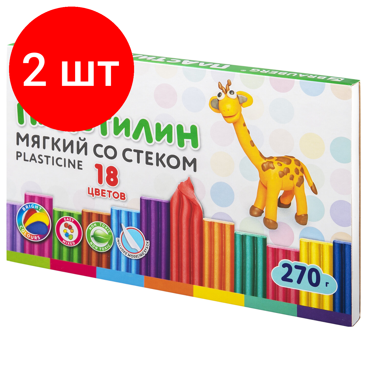 Комплект 2 шт, Пластилин мягкий восковой BRAUBERG KIDS, 18 цветов, 270 г, со стеком, 106497
