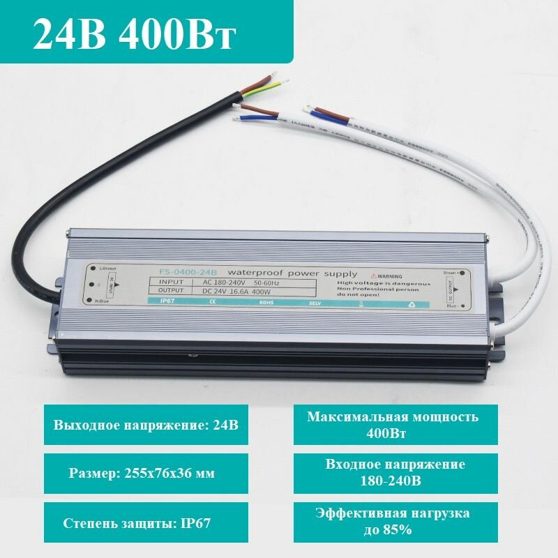 Блок питания, 24В, 16,6А, 400 Вт, IP67, металлический корпус