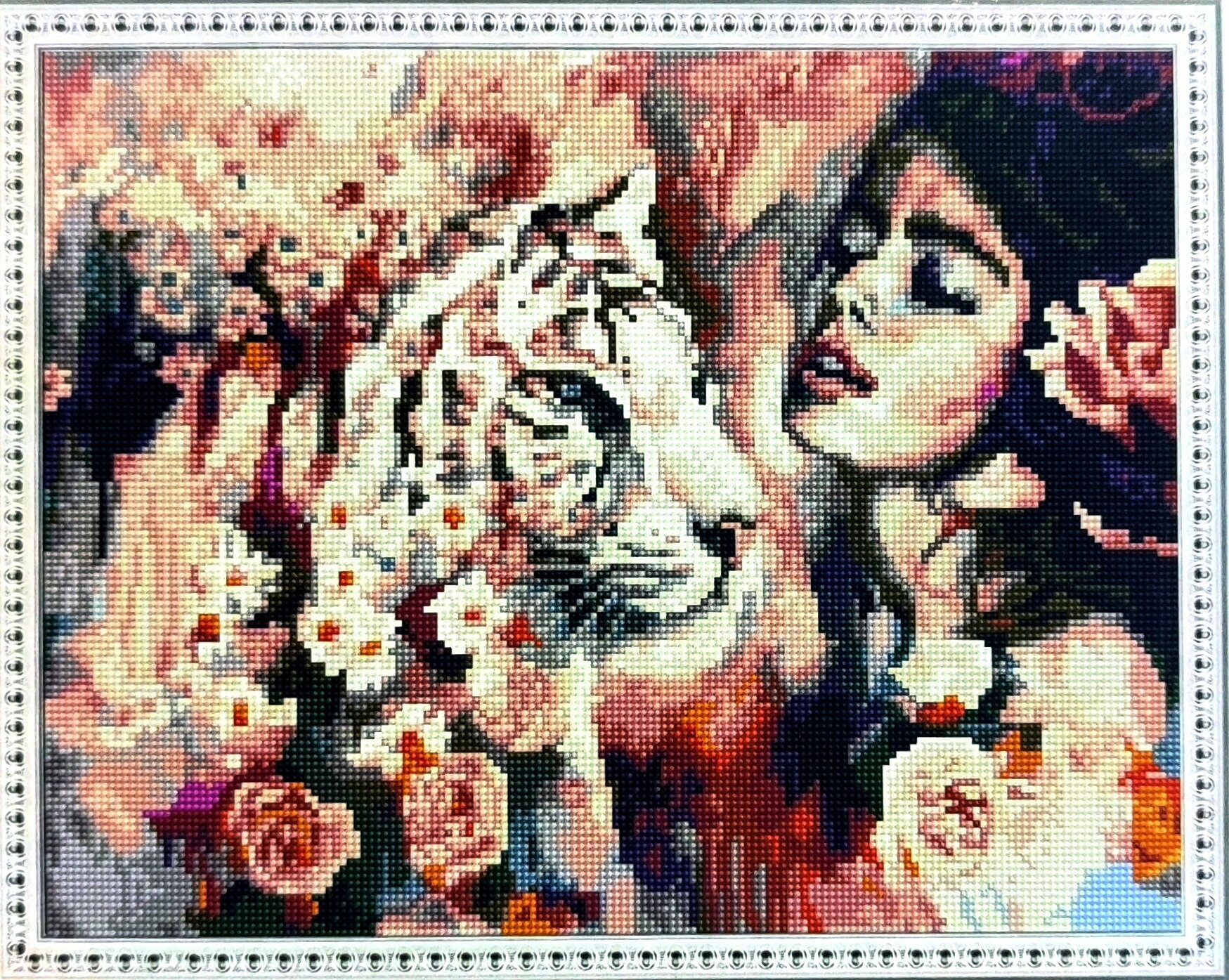 Алмазная мозаика 40x50см круглые стразы животные, хищник, тигр, фьюжен, фэнтези, девушка, поп-арт, лицо.