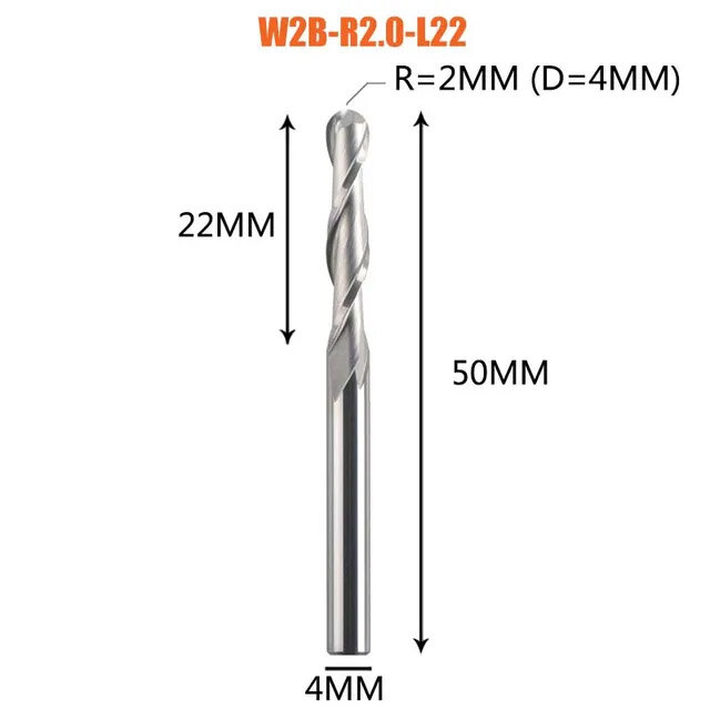 Dreanique чистовая спиральная твердосплавная сферическая фреза по дереву для чпу (R2.0 L22 d4) W2B-R2.0-L22 11383