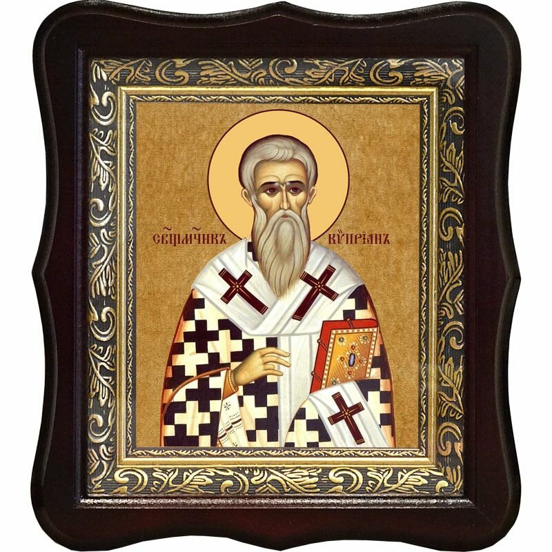 Киприан Антиохийский, Никомидийский епископ, священномученик. Икона на холсте. (17 х 21 см / В деревянном киоте под стеклом).