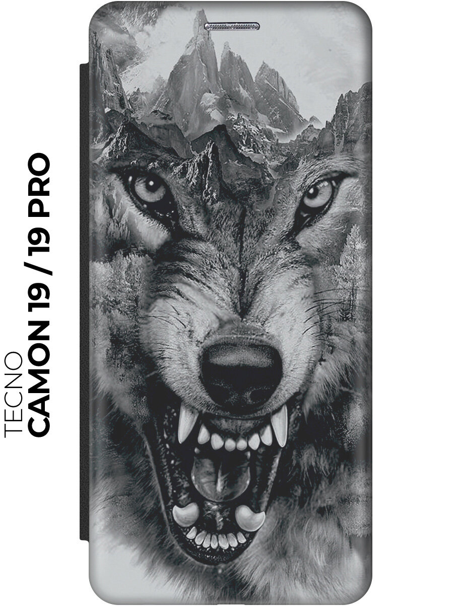 Чехол-книжка на Tecno Camon 19 / 19 Pro / Техно Камон 19 / 19 Про с рисунком "Волк в горах" черный