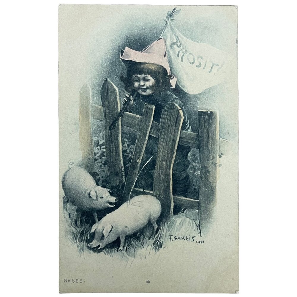 Почтовая открытка "Франц Гарейс. Девочка и свиньи" 1900-1917 гг. Австрия