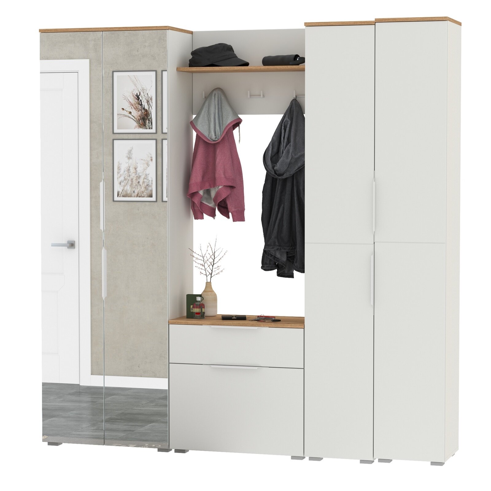 Прихожая комплект мебели для гардеробной, напольная 194см белый шагрень/дуб крафт золотой/фасады МДФ белый шагрень