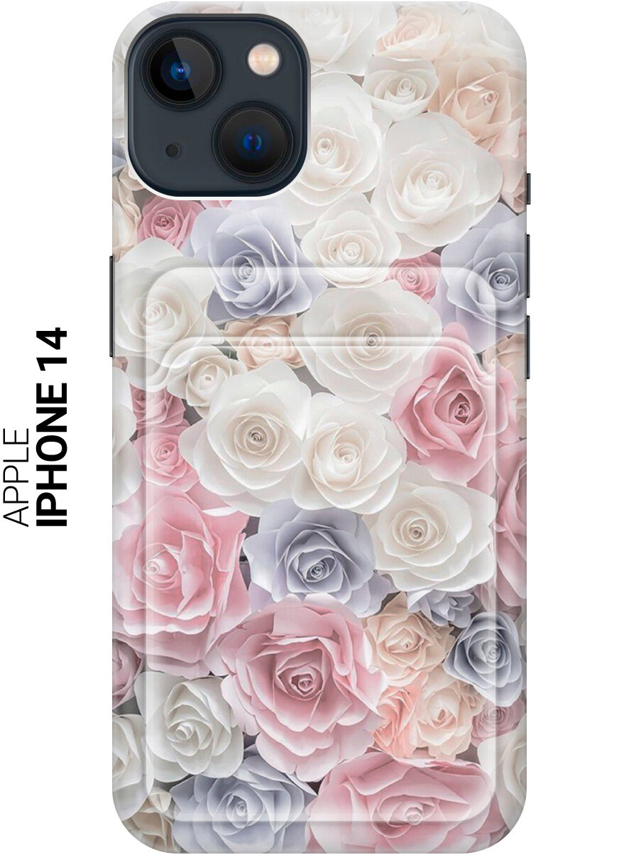 Силиконовый чехол на Apple iPhone 14 / Эпл Айфон 14 с рисунком "Пастельные розы" и карманом для карт