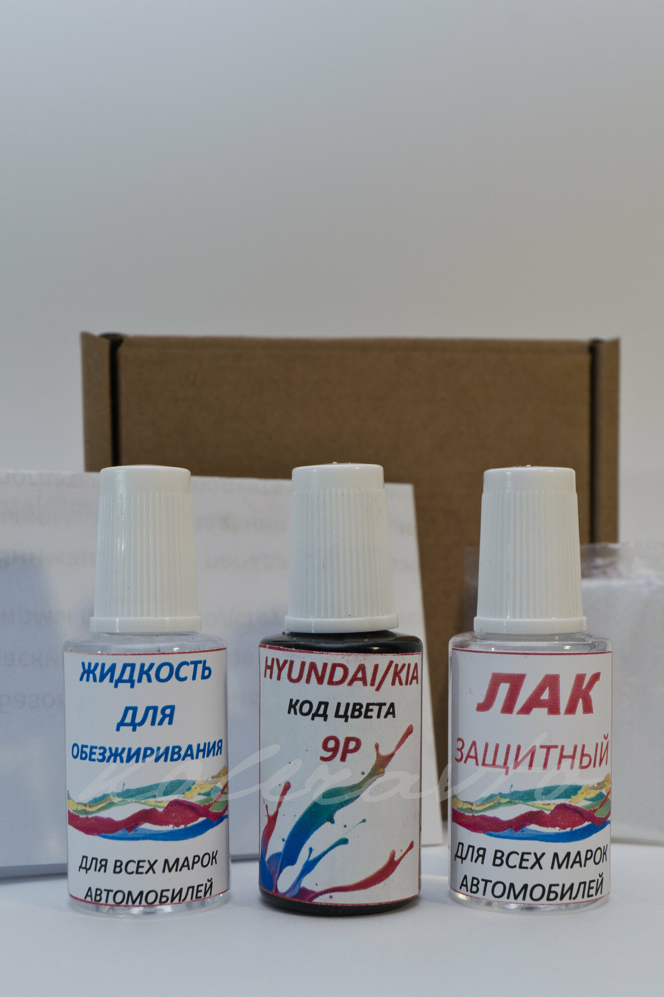 Подкраска для сколов во флаконе с кисточкой 9P для KIA / Hyundai Черный Перламутр, Black Cherry, краска+лак+обезжириватель 3 предмета