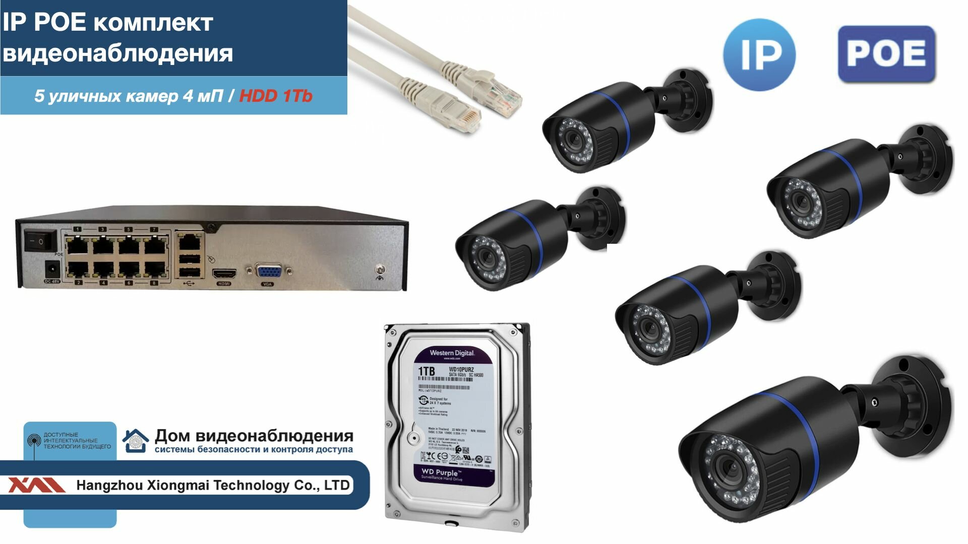 Полный IP POE комплект видеонаблюдения на 5 камер (KIT5IPPOE100B4MP-2-HDD1Tb)