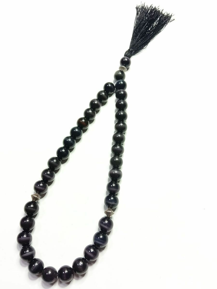 Мусульманские четки из кошачьего глаза, 33 бусины, диаметр 10 мм. в подарочной коробке.