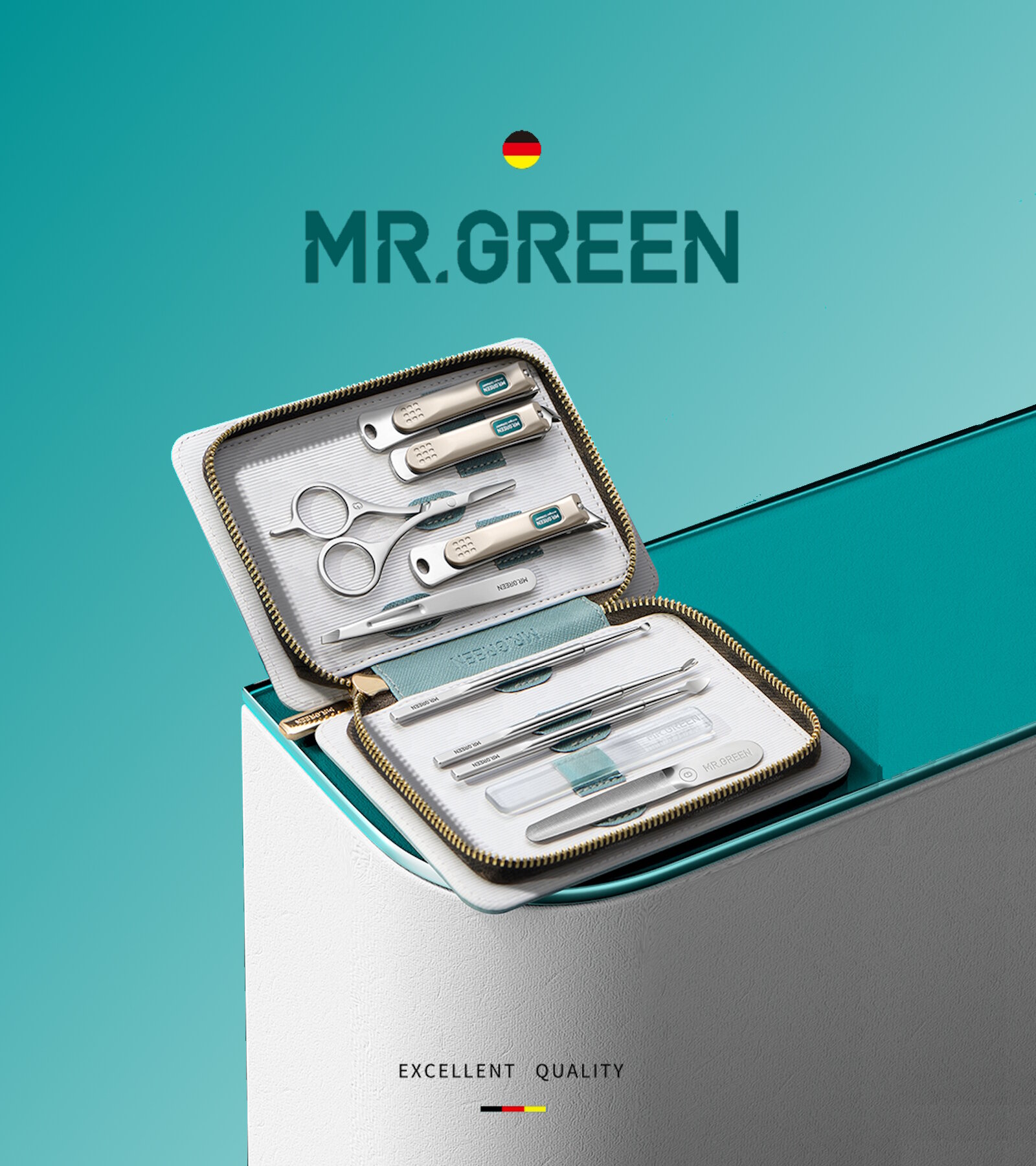 MR.GREEN Маникюрный набор 10 в 1 , из нержавеющей стали в кожаном футляре в дорогу в подарочной упаковке