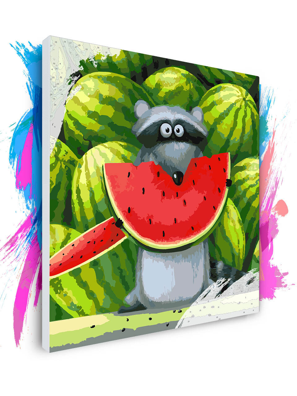 Картина по номерам на холсте Енот и арбуз, 70 х 70 см