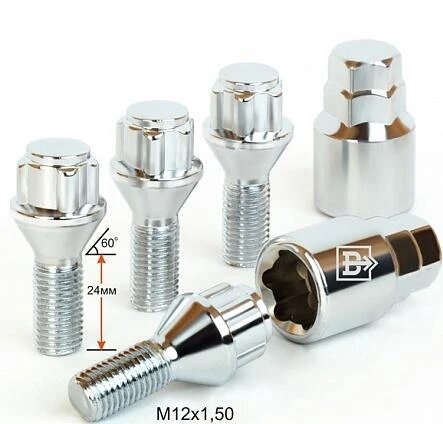 Болт колесный секретный M12х1.5x24 (конус с буртиком, 5 лучей, 2 ключа)