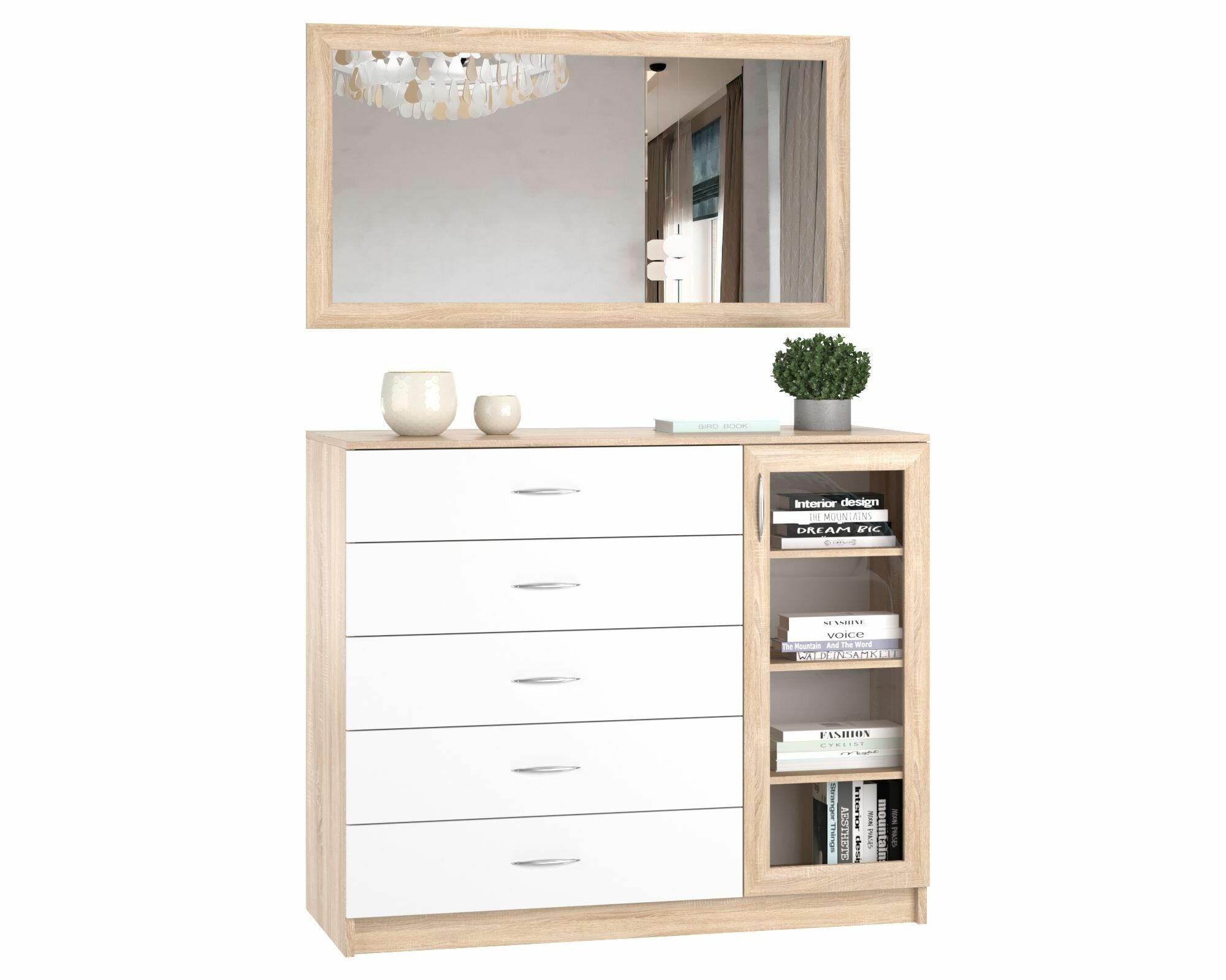 Комод "Фобос с зеркалом 3" 120х100х50, Дуб Сонома/Белый