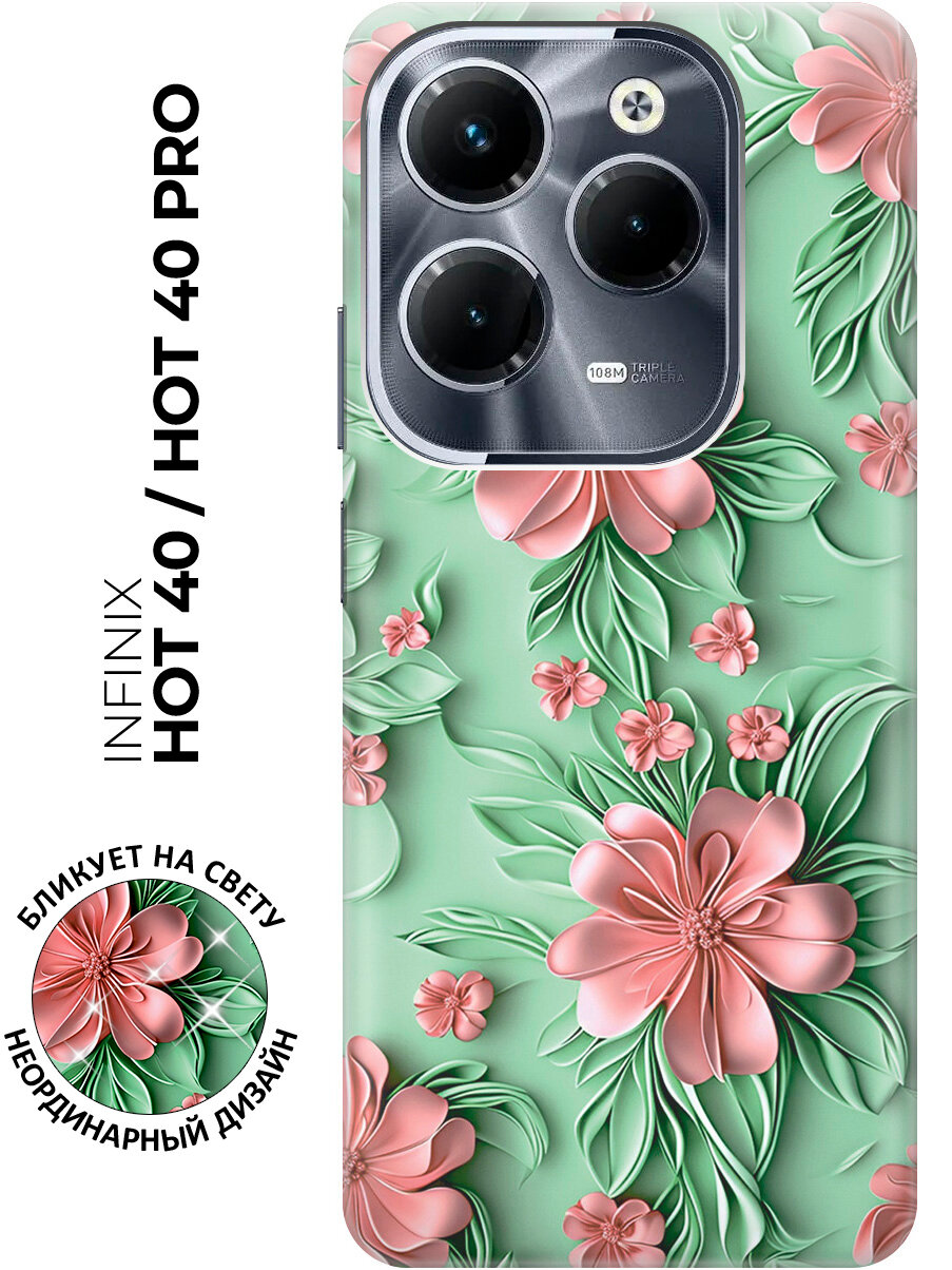 Силиконовый чехол на Infinix Hot 40 / Hot 40 Pro с принтом "Розовые цветы на мятном фоне"