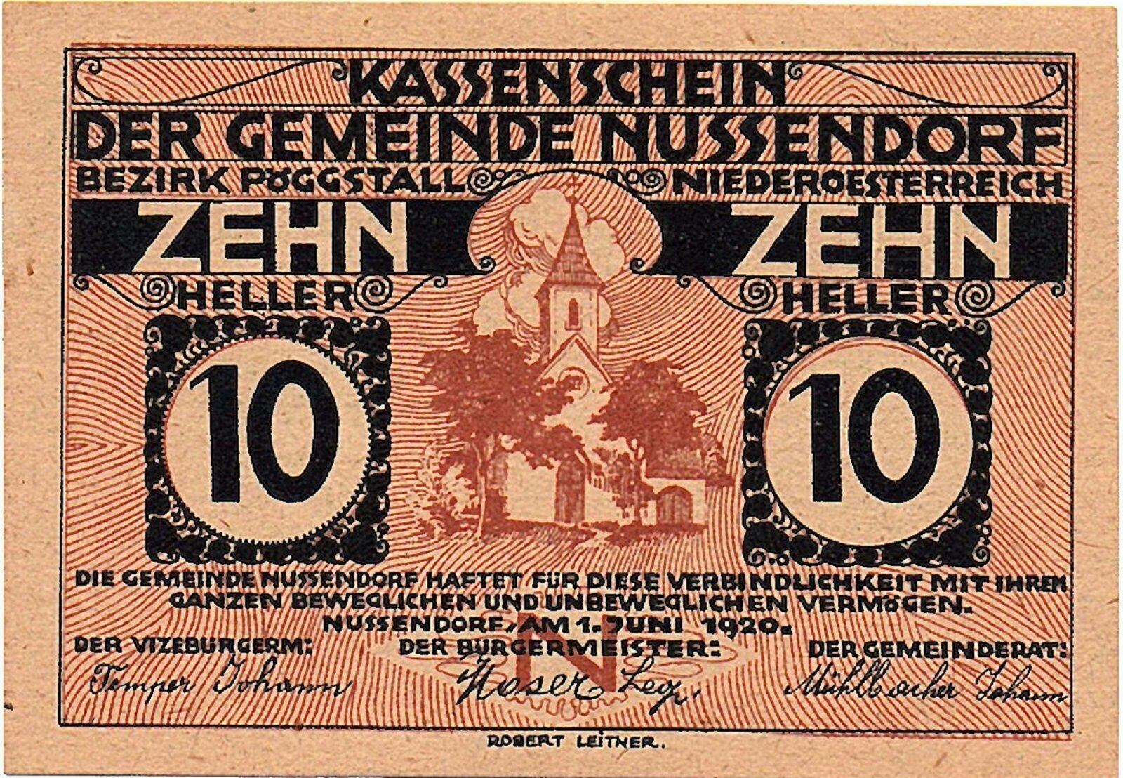 Нотгельд 1920 год 10 геллеров Австрия, Nussdorf-Artstetten