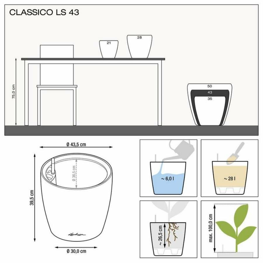 Кашпо с автополивом Lechuza Classico LS 43, D43.5 H39,5, белый, глянцевый/Горшок для цветов Лечуза 28 л — фото 1