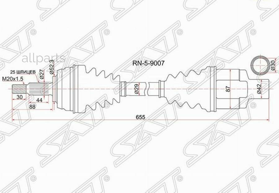 SAT RN-5-9007 Привод в сборе FR RH RENAULT DUSTER 10- 1.5 дизель/2.0 бензин 4WD TL8 МКПП