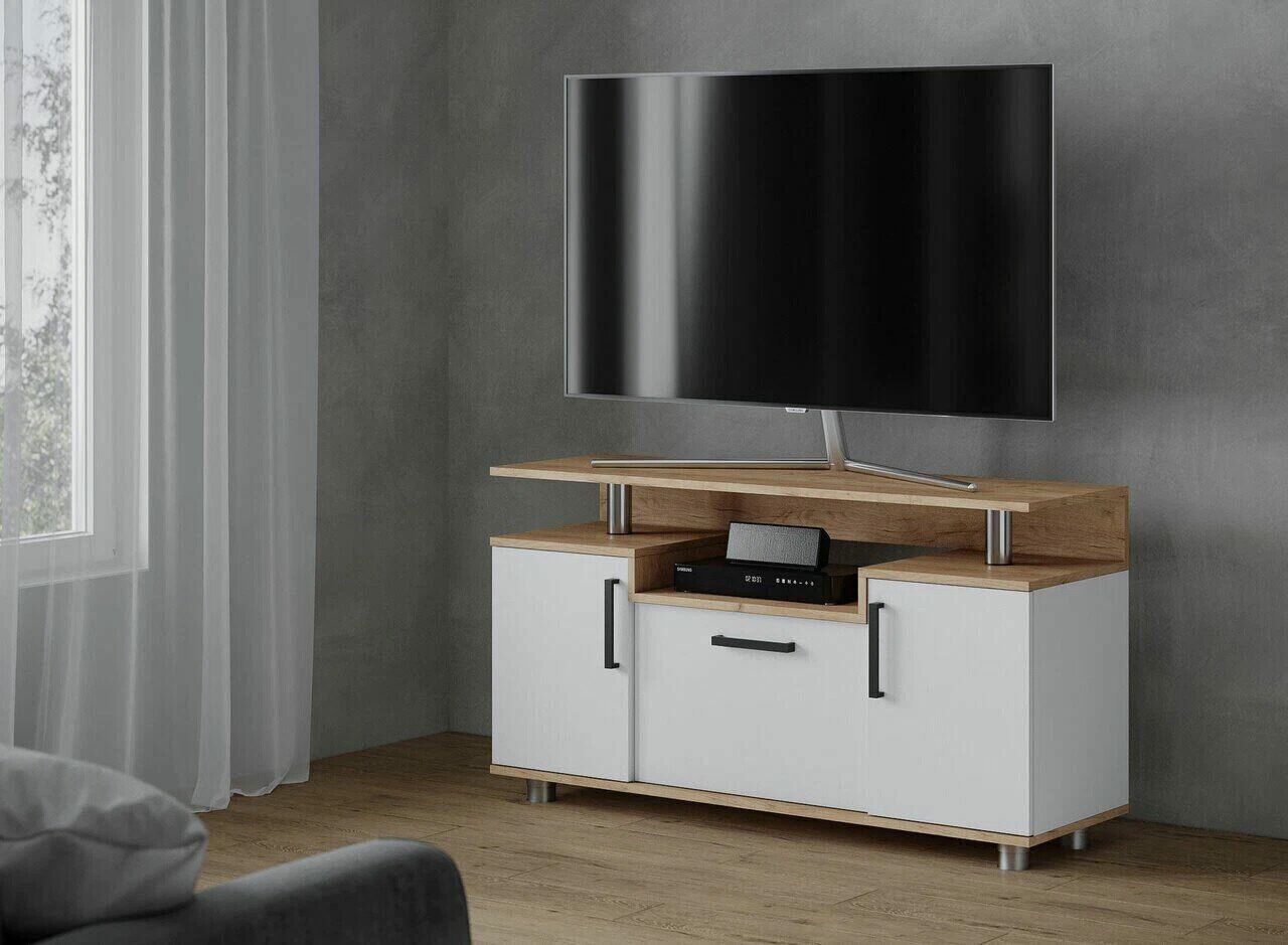 Тумба под телевизор ТВ 003-С, с ящиками, дуб крафт золотой/белый (1200х380х660)