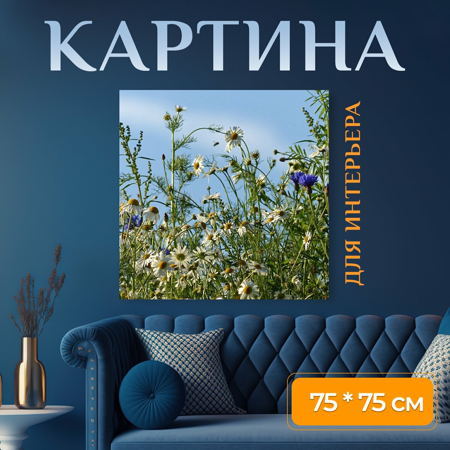 Картина на холсте "Луговые цветы, полевые цветы, васильки" на подрамнике 75х75 см. для интерьера