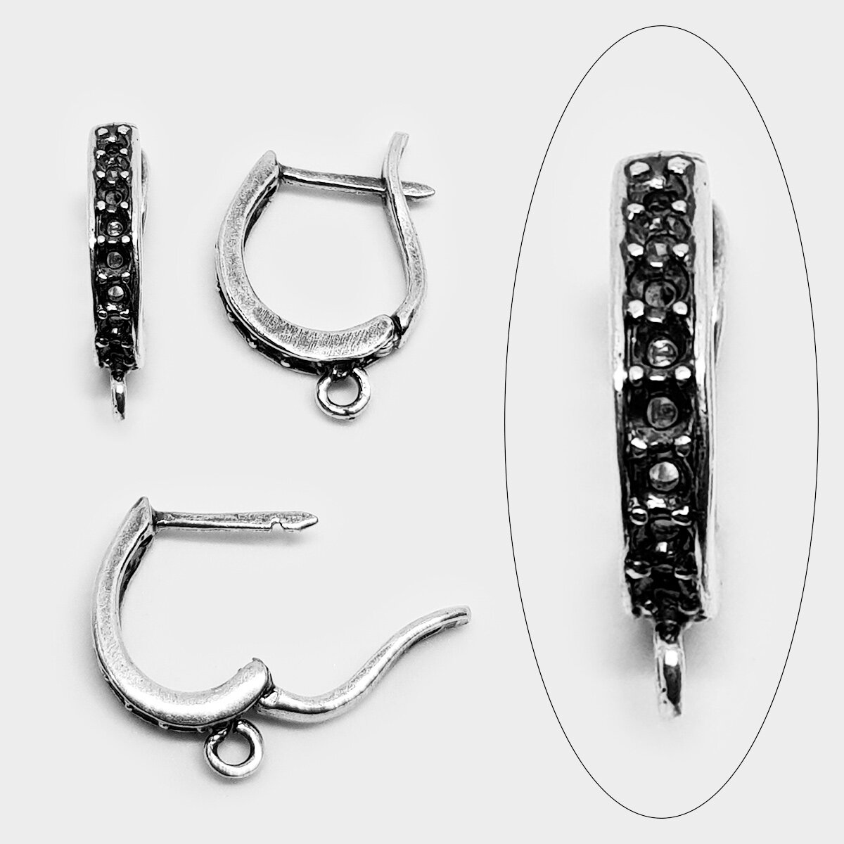 Швензы закрытые, 17.5х3мм, с английским замком, Дуга со слотами для кристаллов, базовый материал - латунь, посеребренные с чернением, пара