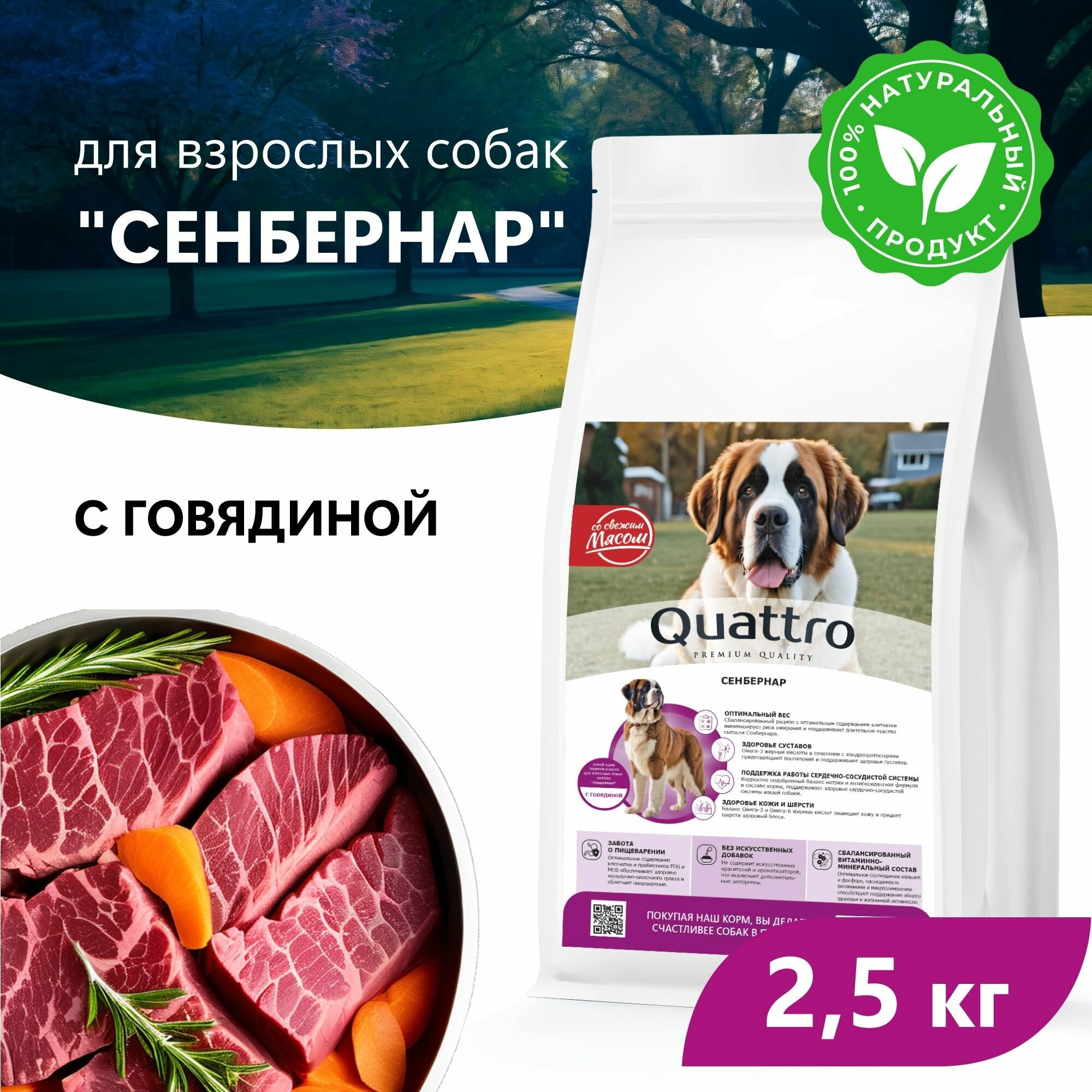 Корм сухой для взрослых собак породы Сенбернар, премиум полнорационный комплекс, с говядиной, 2,5 кг, QUATTRO