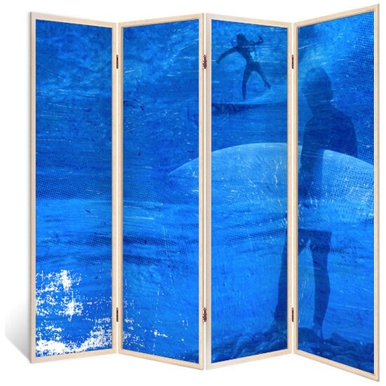 Ширма перегородка Декор Депо для комнаты деревянная "Близость воды" двухсторонняя с картинкой (спорт) 4 створки кремовый дуб 176х185 см 14 кг