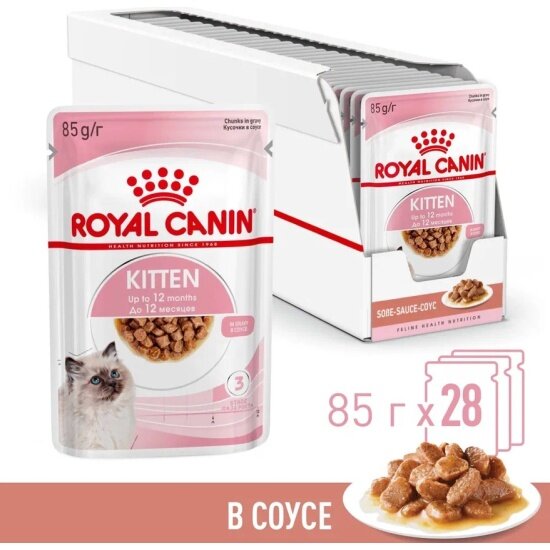 Корм влажный для котят в возрасте до 12 месяцев Royal Canin KITTEN мелкие кусочки в соусе 28 шт * 85 г