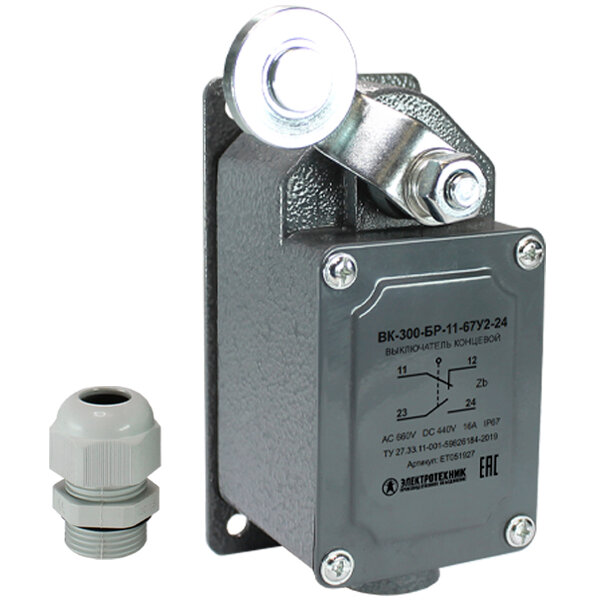 Концевой выключатель Электротехник ВК-300-БР-11-67У2-24, рычаг с роликом, с сальником, ход влево, без cамовозврата, ступень 2- 51мм, IP67, ET051927
