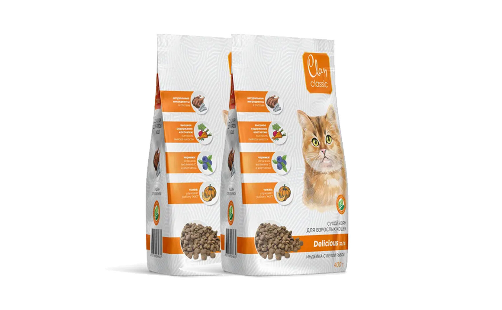 Clan Classic Delicious 32/15 сухой корм для взрослых кошек, с индейкой и белой рыбой - 0,4 кг х 2 шт.