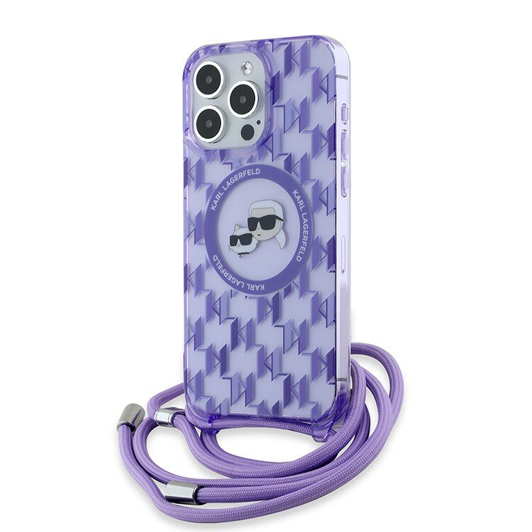 Karl Lagerfeld для iPhone 15 Pro Max чехол со шнурком, Crossbody PC/TPU NFT Karl&Choup Head фиолетовый (MagSafe)