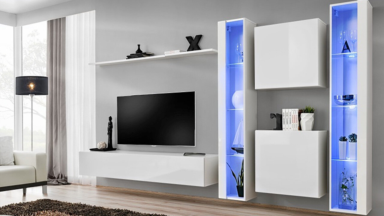 Гостиная 10 МДФ Белый DM635-6 / Белый Фасадный 0101 NEW 330x40x180 см, GOODFORM