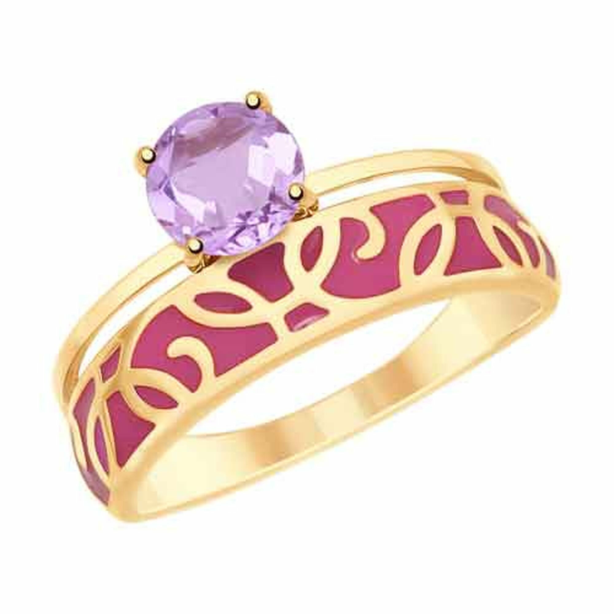Кольцо, серебро, 925 проба, золочение, эмаль, аметист