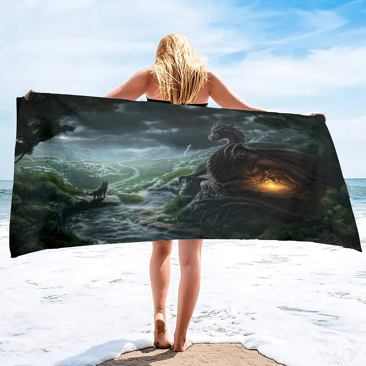 Большое пляжное полотенце из микрофибры с принтом дракона Черный, H35xW70cm, 13